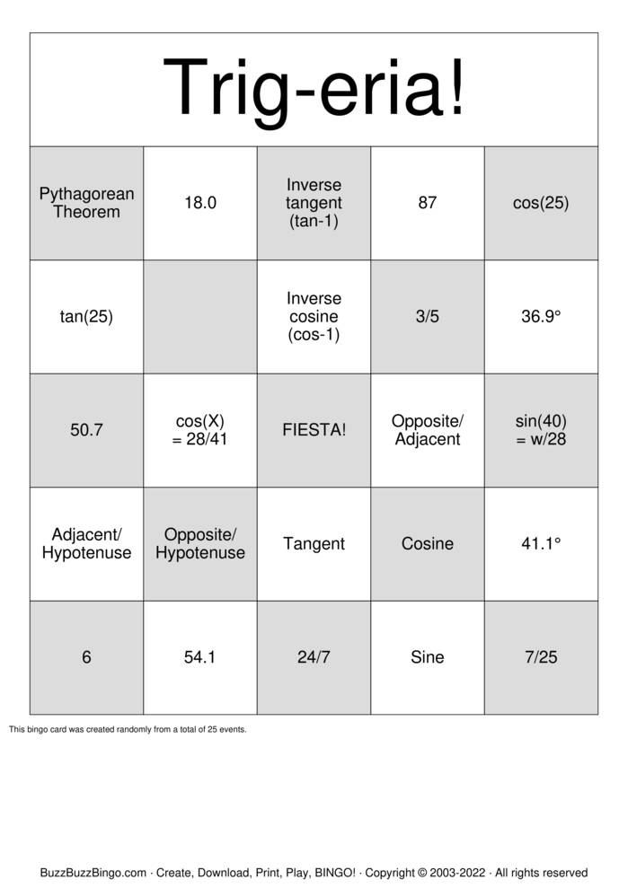 Trigonometry Loteria Bingo Cards to Download, Print and Customize!