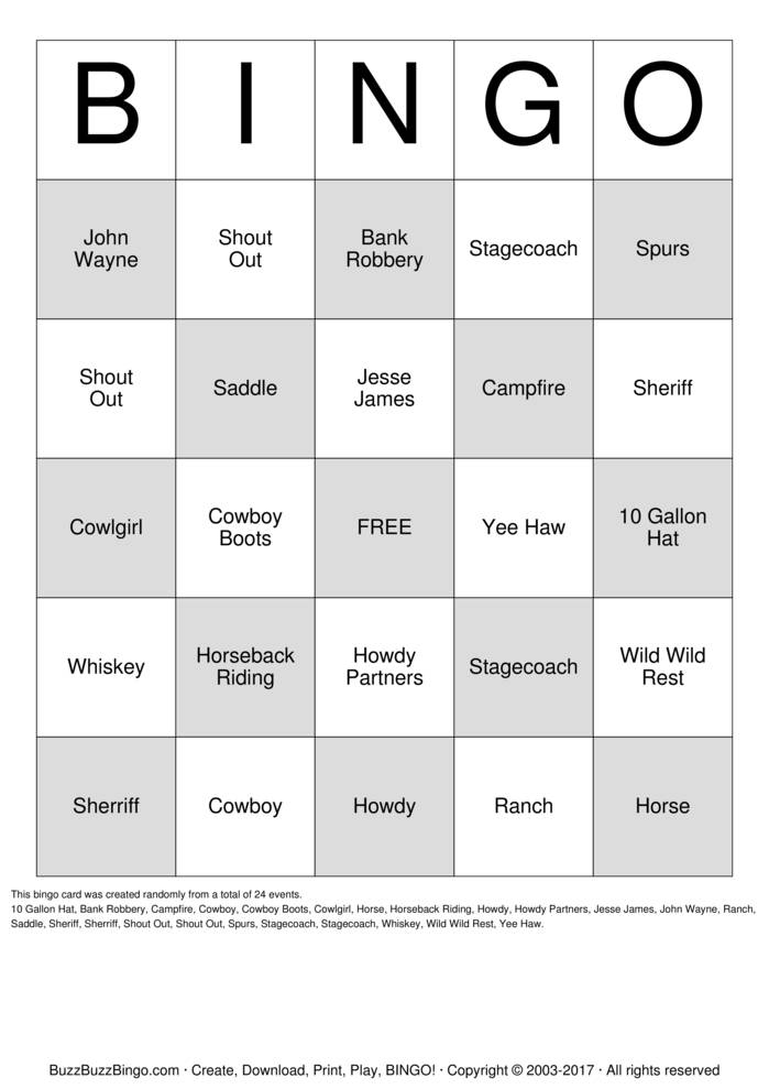 Western Bingo Cards to Download, Print and Customize!