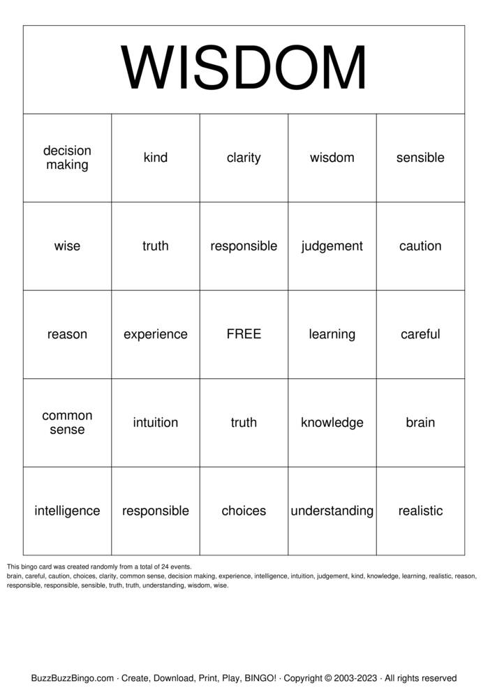 Wisdom Bingo Cards to Download, Print and Customize!