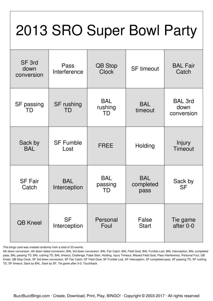 2013 Superbowl BAL vs SF Bingo Cards to Download, Print and Customize!