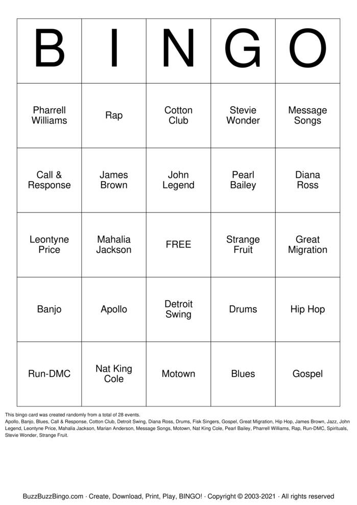 African American Music Bingo Bingo Cards to Download, Print and Customize!