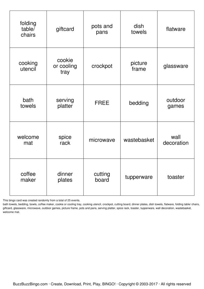 Amy\'s Gift Bingo Bingo Cards to Download, Print and Customize!
