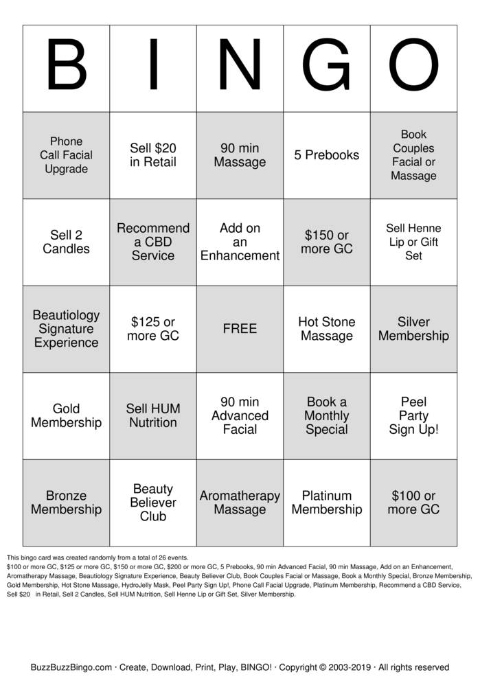 Beauty Concierge BINGO! Bingo Cards to Download, Print and Customize!