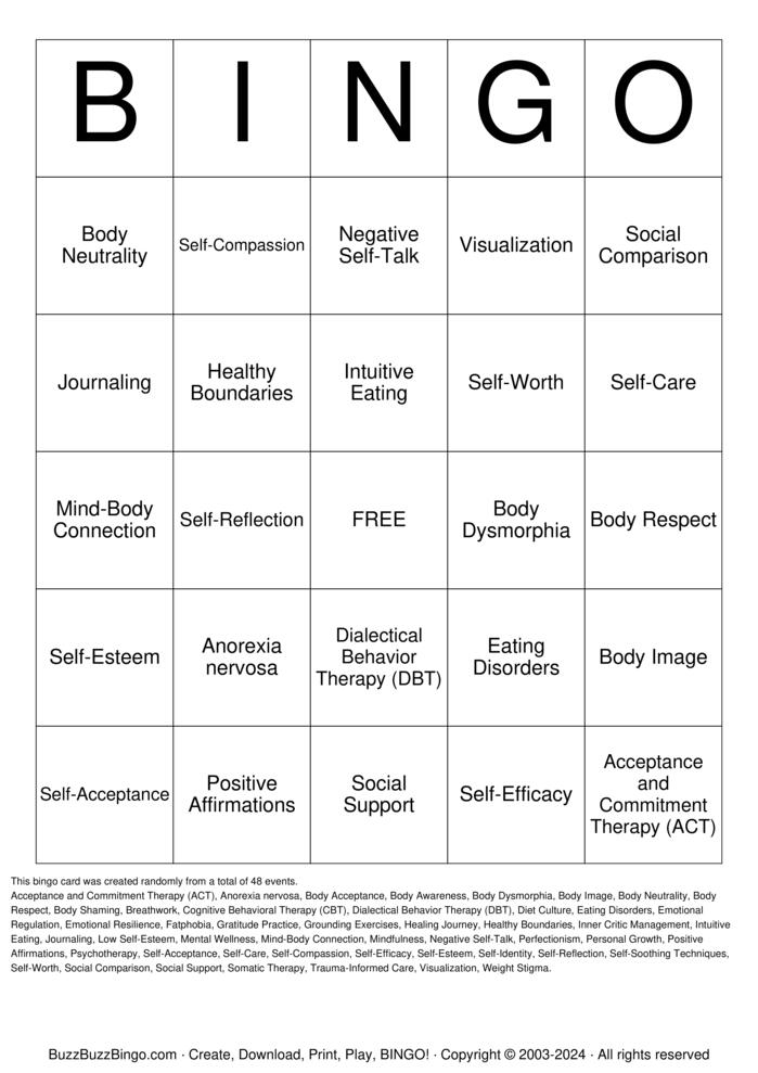 Eating and Feeding Disorders Bingo Cards to Download, Print and Customize!