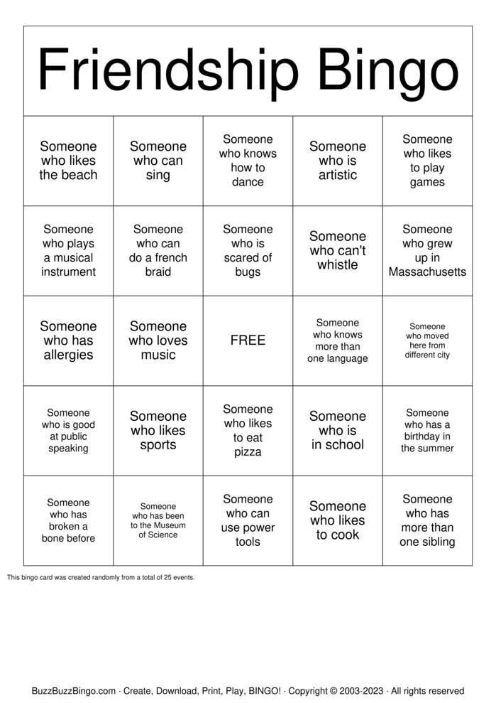 Friendship Bingo Bingo Cards to Download, Print and Customize!