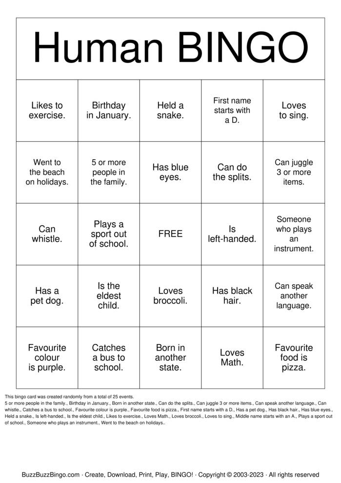 Human BINGO Bingo Cards to Download, Print and Customize!