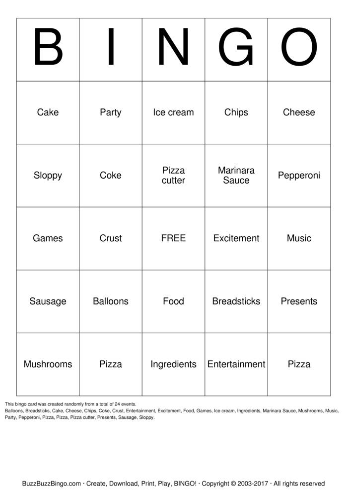 Jeffs Pizza Bingo Bingo Cards to Download, Print and Customize!