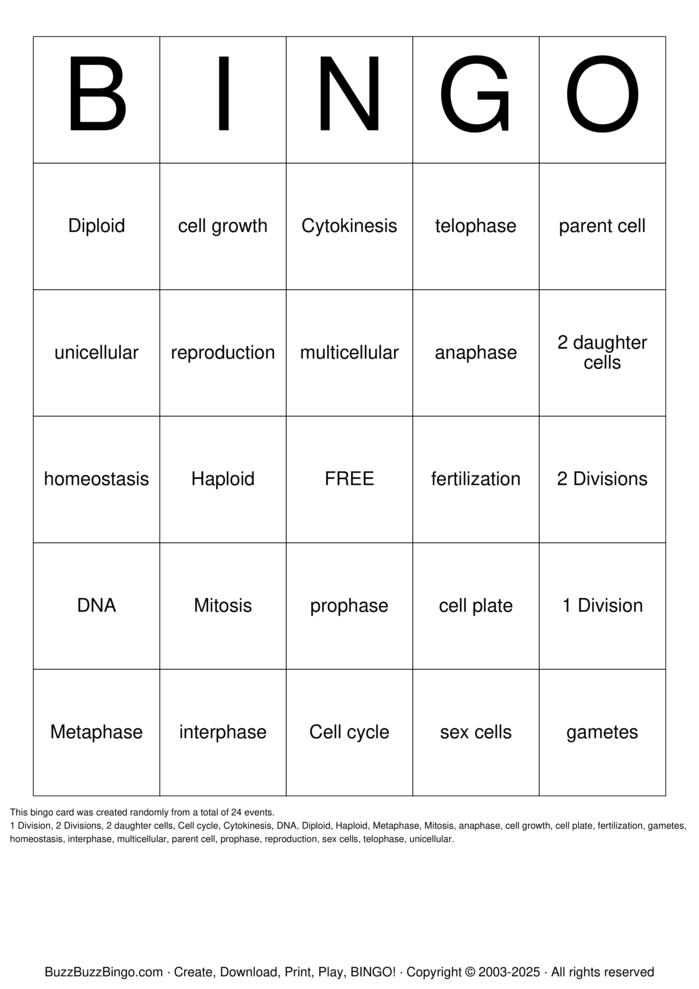 Meiosis Bingo Cards to Download, Print and Customize!