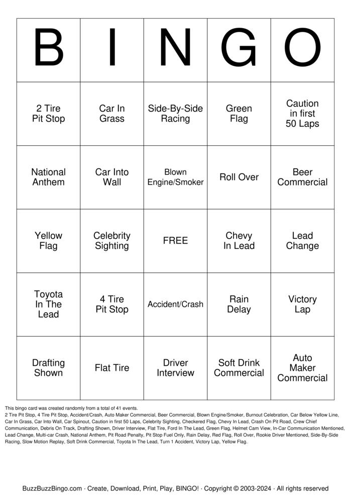 NASCAR Bingo Cards to Download, Print and Customize!