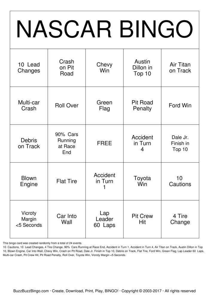 NASCAR Bingo Cards to Download, Print and Customize!