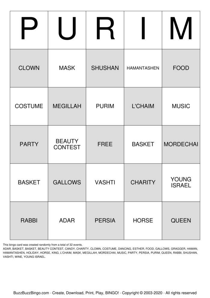 PURIM Bingo Cards to Download, Print and Customize!