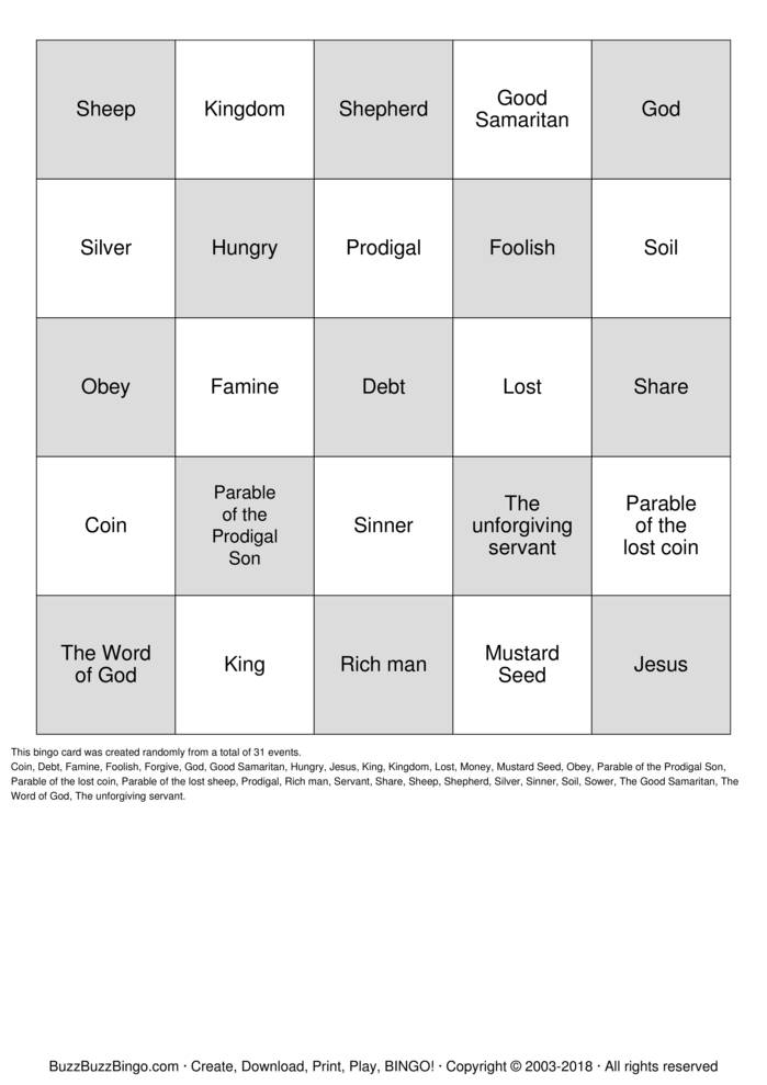 Parable Bingo Cards to Download, Print and Customize!