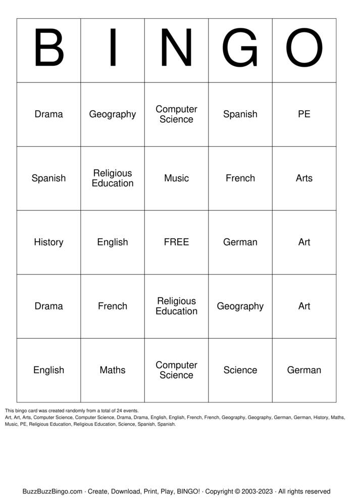 School Subjects Bingo Cards to Download, Print and Customize!