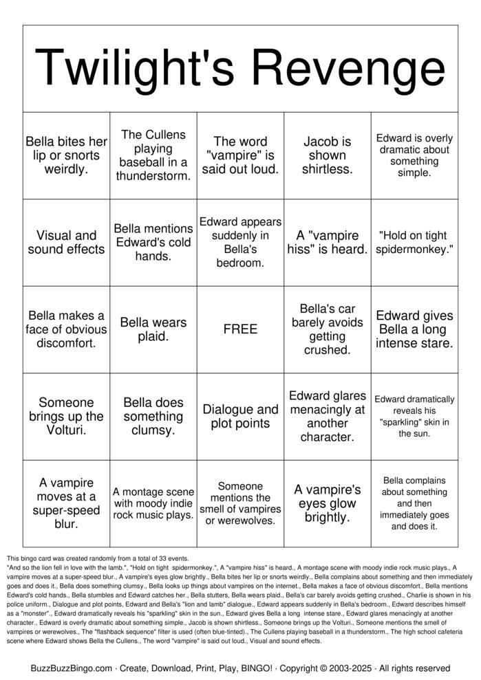 TWILIGHT BINGO Bingo Cards to Download, Print and Customize!