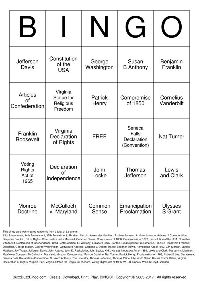 US HISTORY REVIEW Bingo Cards to Download, Print and Customize!