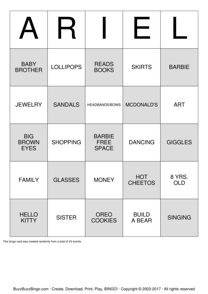 ARIEL Bingo Cards to Download, Print and Customize!