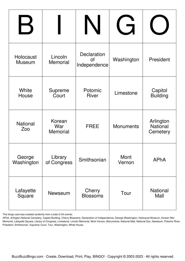 A Trip To Washington, DC Bingo Cards to Download, Print and Customize!
