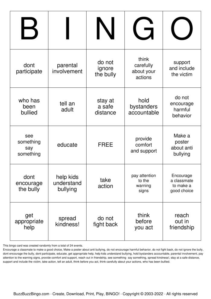 Anti-Bullying Bingo Cards to Download, Print and Customize!