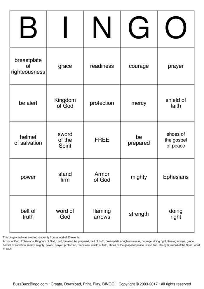 Armour of God Bingo Cards to Download, Print and Customize!