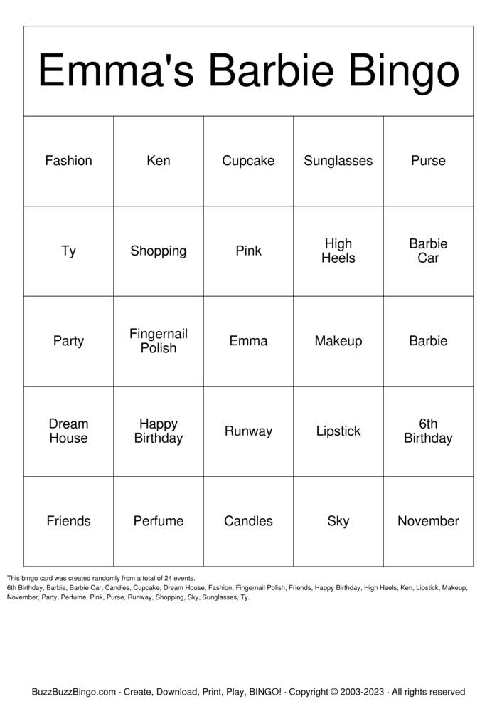 Barbie Bingo Cards to Download, Print and Customize!