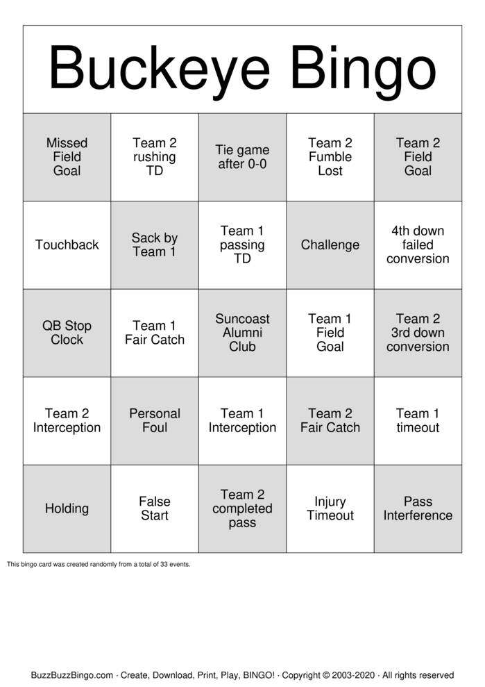 Buckeye Bingo Cards to Download, Print and Customize!