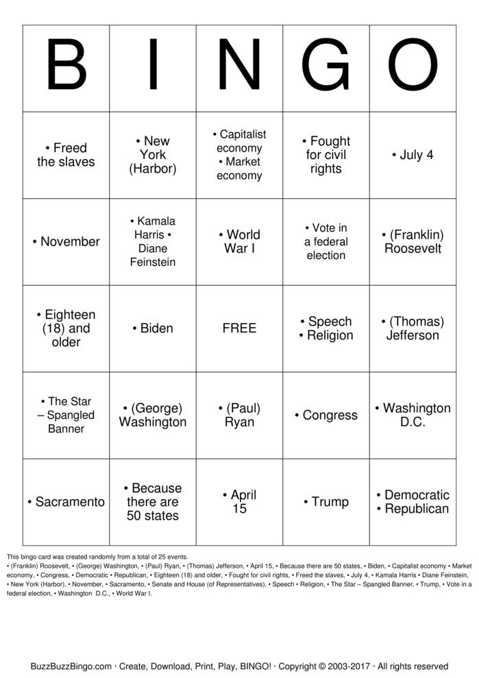Citizenship Bingo Cards to Download, Print and Customize!