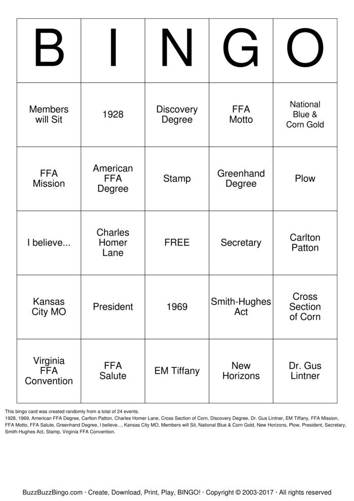 FFA Bingo Bingo Cards to Download, Print and Customize!
