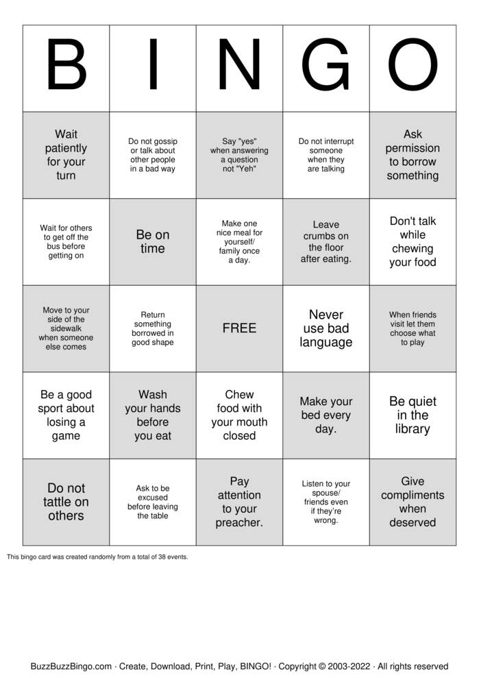 Manners Bingo Cards to Download, Print and Customize!