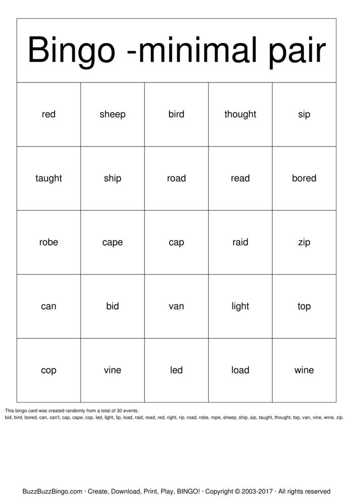 Minimal Pairs Bingo Cards to Download, Print and Customize!