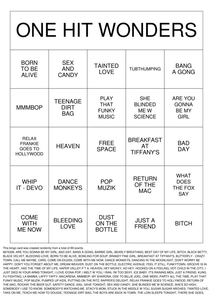 ONE HIT WONDERS Bingo Cards to Download, Print and Customize!