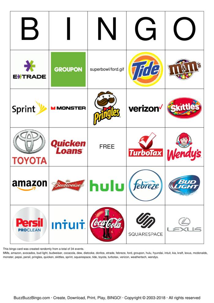 Popular name Brands Bingo Cards to Download, Print and Customize!