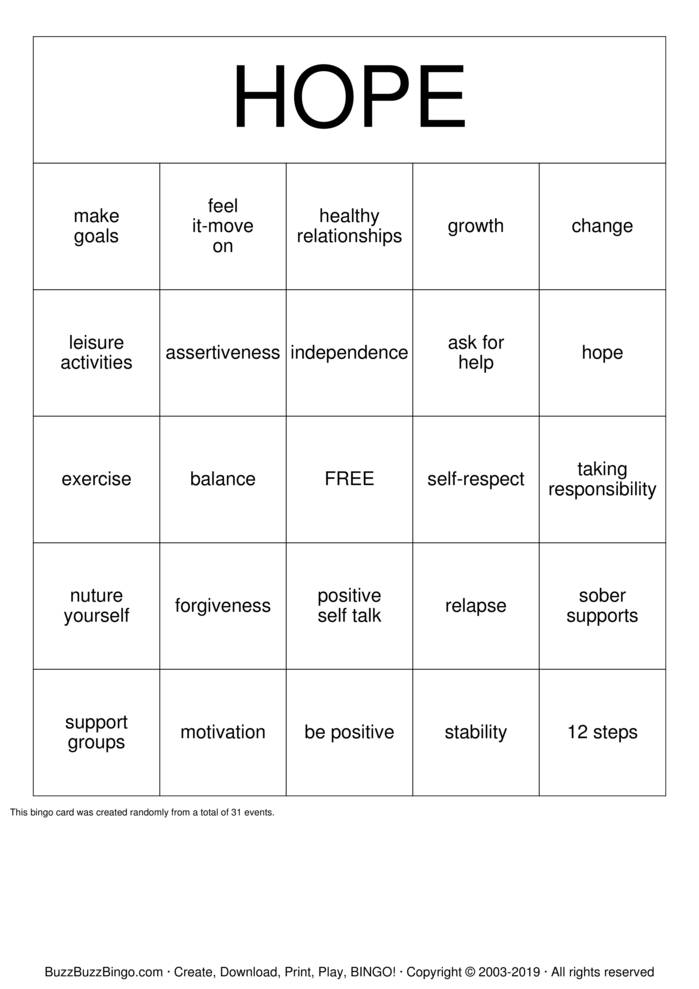 Recovery Bingo Cards To Download Print And Customize Recovery Bingo Cards To Download Print And Customize