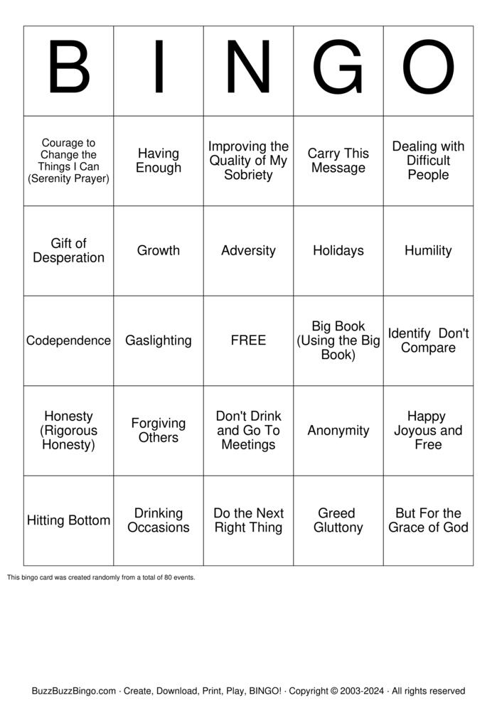 Sobriety Bingo Cards to Download, Print and Customize!