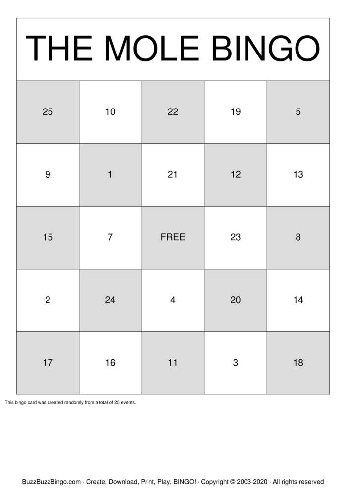 THE MOLE BINGO Bingo Cards to Download, Print and Customize!
