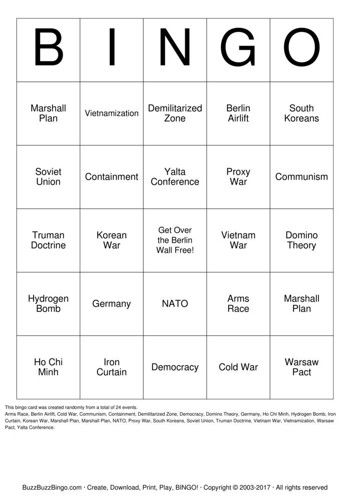 The Cold War Bingo Cards to Download, Print and Customize!