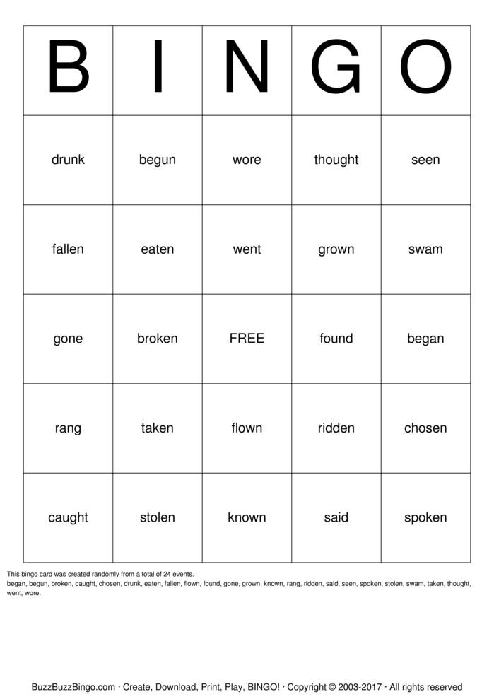 irregular verbs Bingo Cards to Download, Print and Customize!