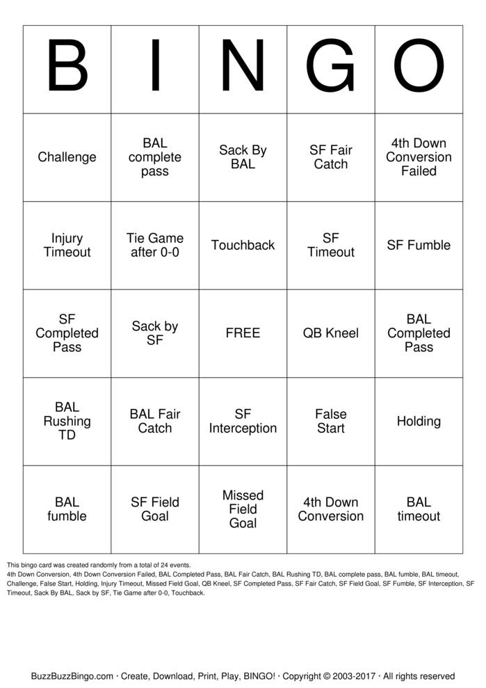 2013 Superbowl BAL vs SF Bingo Cards to Download, Print and Customize!