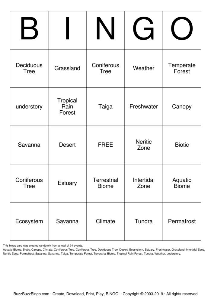 Biomes and Ecosystems Bingo Bingo Cards to Download, Print and Customize!