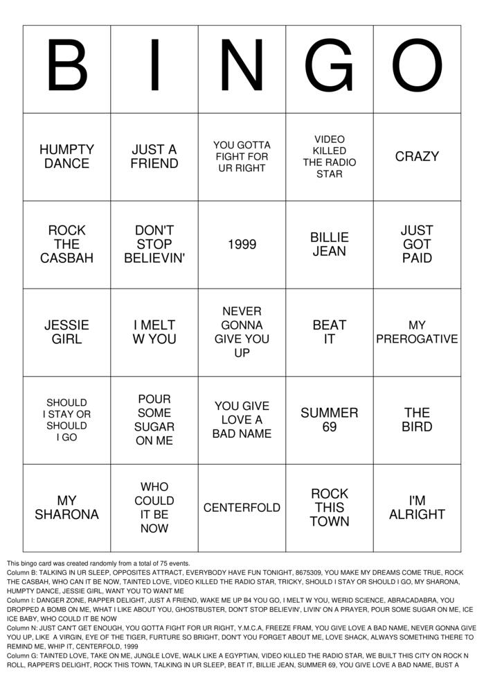 DOWN W THE 80'S Bingo Cards to Download, Print and Customize!