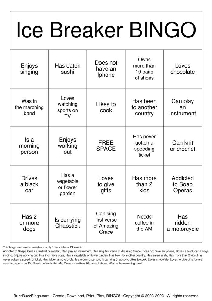 ICEBREAKER BINGO Bingo Cards to Download, Print and Customize!