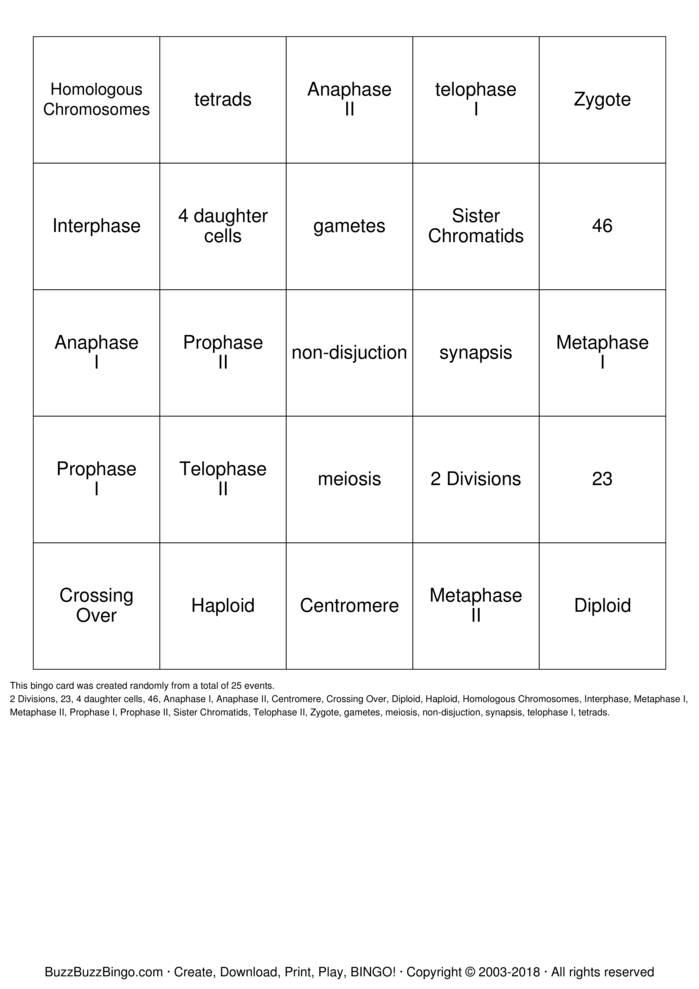 Meiosis Bingo Cards to Download, Print and Customize!