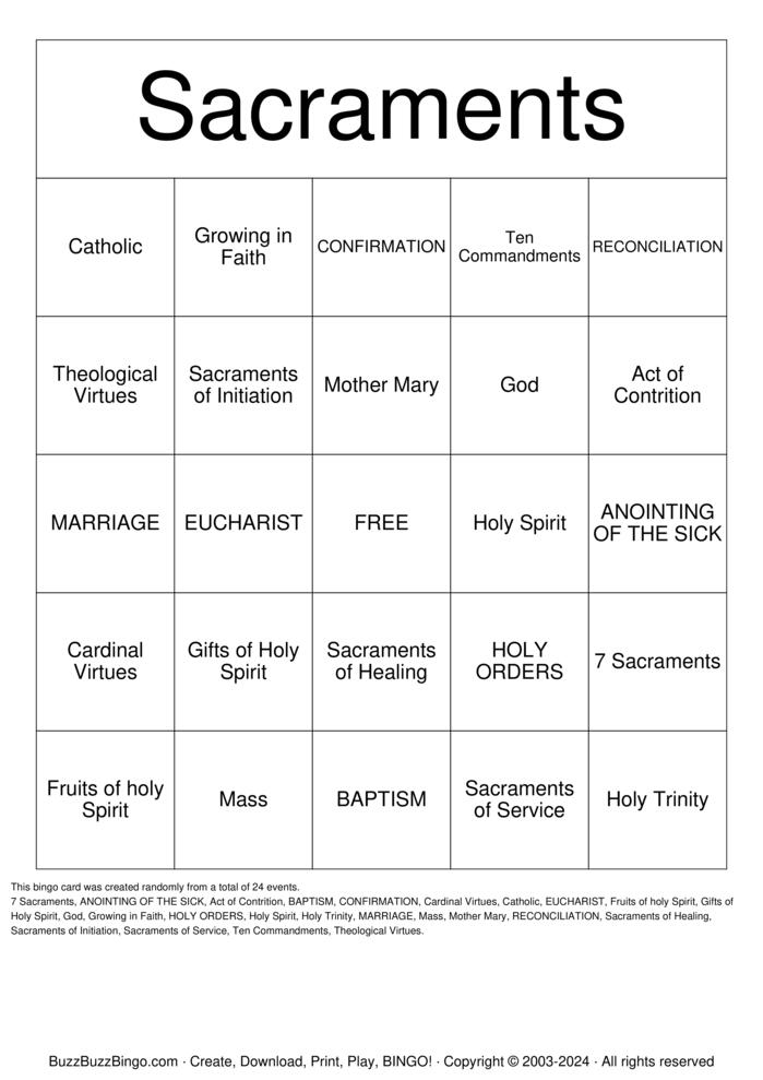 Sacraments Bingo Cards to Download, Print and Customize!