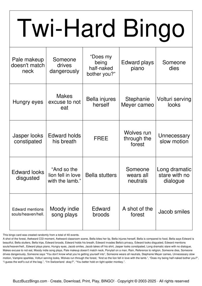 TWILIGHT BINGO Bingo Cards to Download, Print and Customize!
