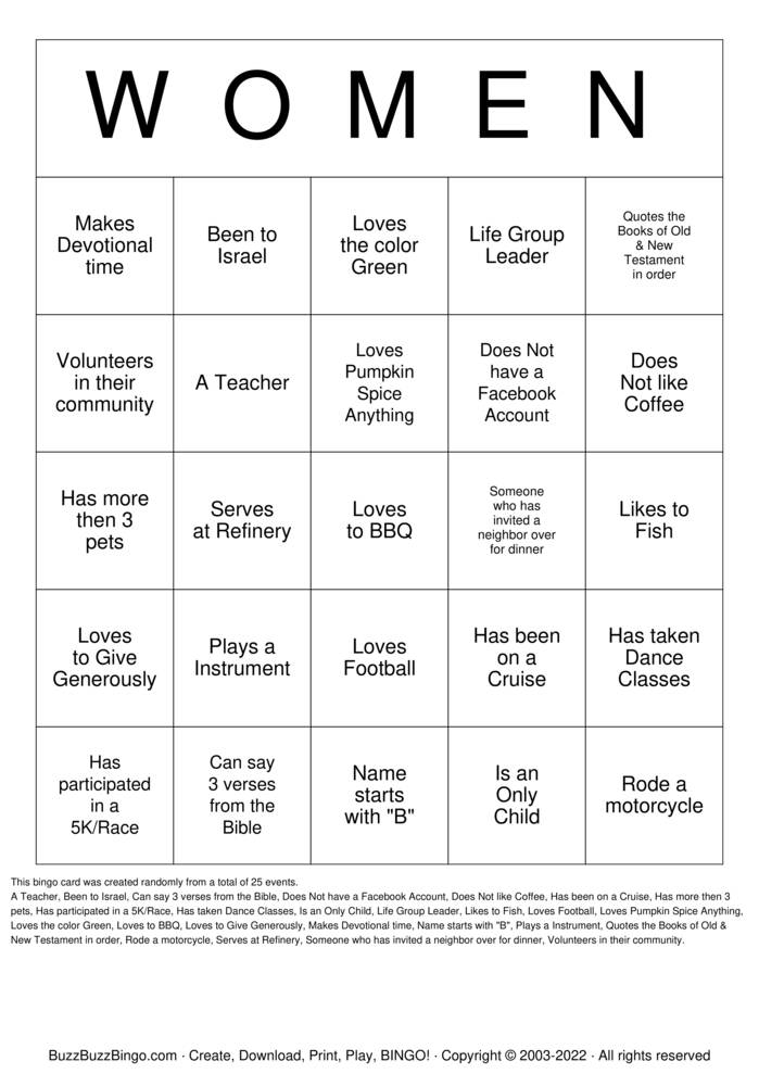 W O M E N Bingo Cards to Download, Print and Customize!