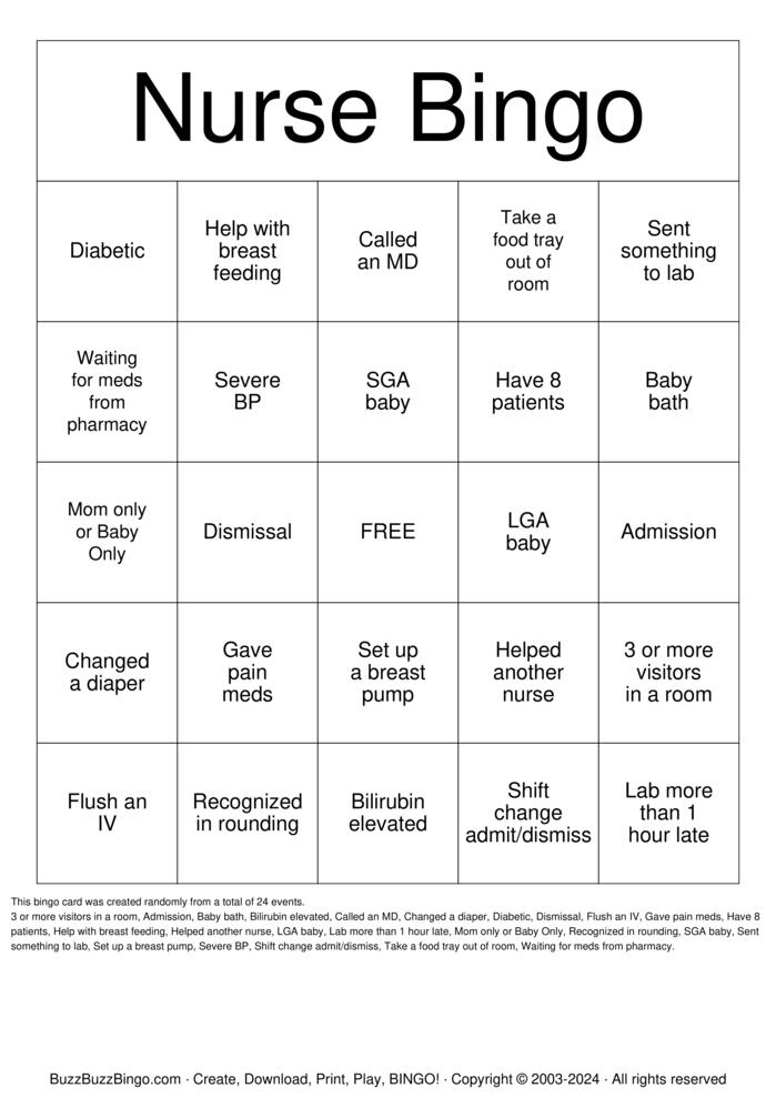 nursing bingo Bingo Cards to Download, Print and Customize!