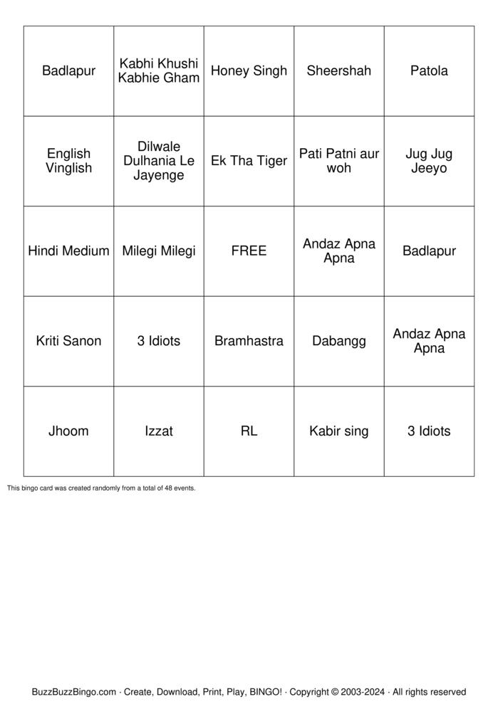 BollyWood Bingo Cards to Download, Print and Customize!