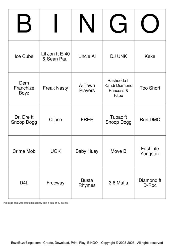 CLASSIC HIP HOP/RAP #3 Bingo Cards to Download, Print and Customize!