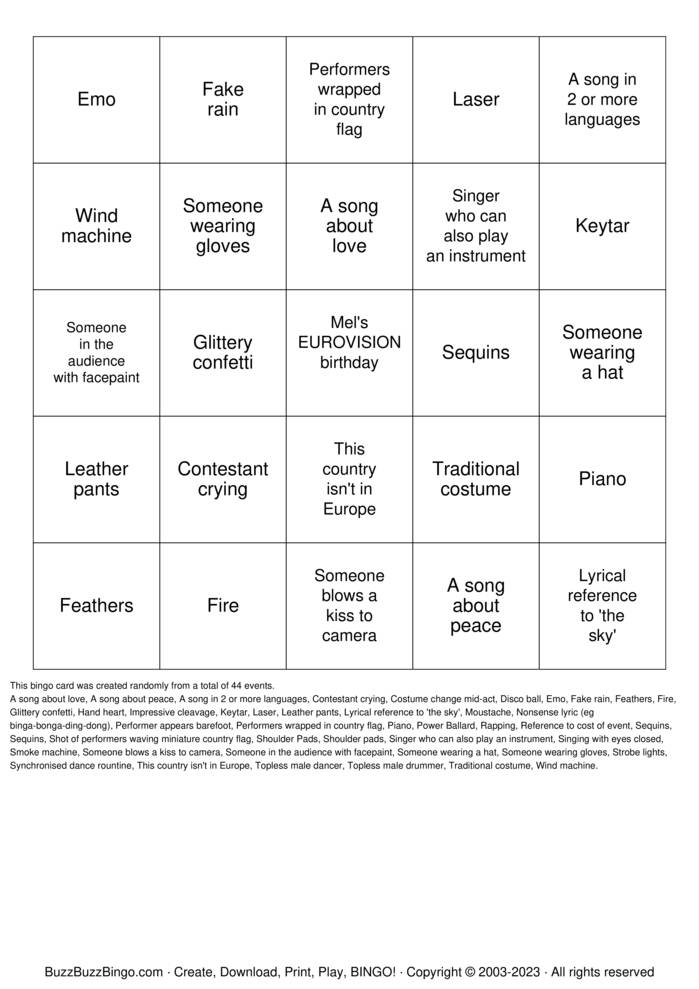 EUROVISION! Bingo Cards to Download, Print and Customize!