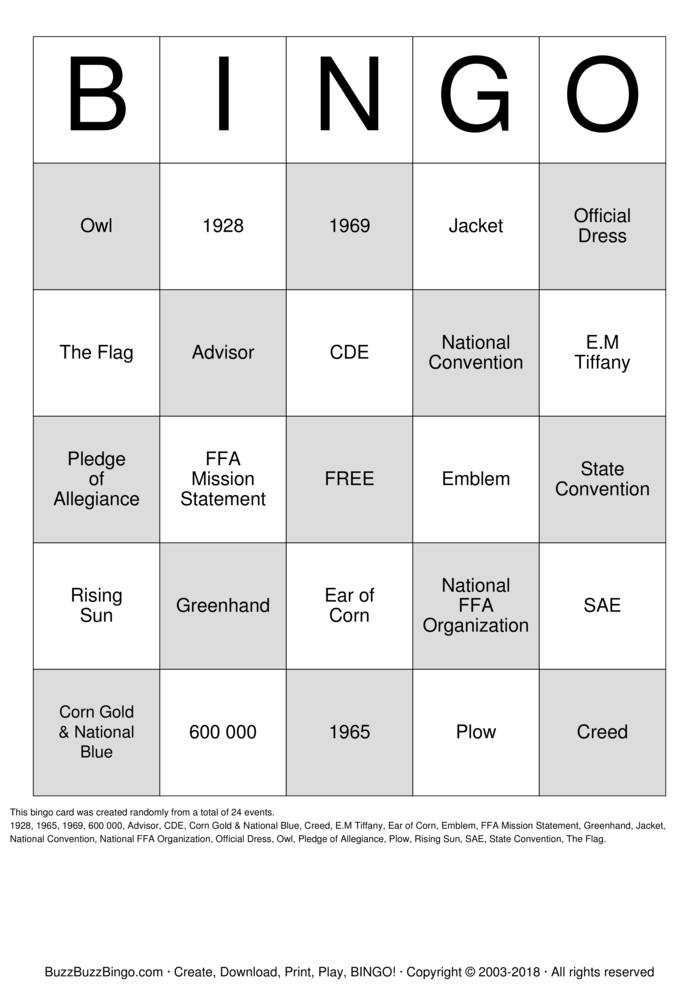 FFA Bingo Bingo Cards to Download, Print and Customize!