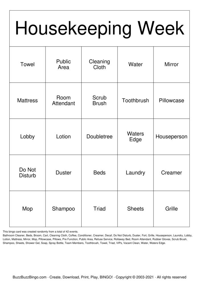 Housekeeping Week Bingo Cards to Download, Print and Customize!